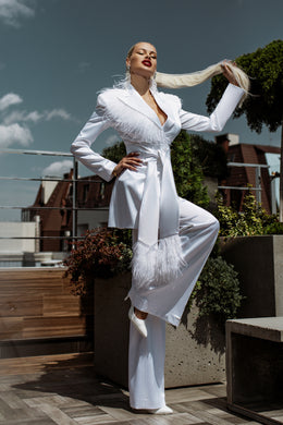White Satin Oversized Pantsuit With Feathers. – SandraBlush